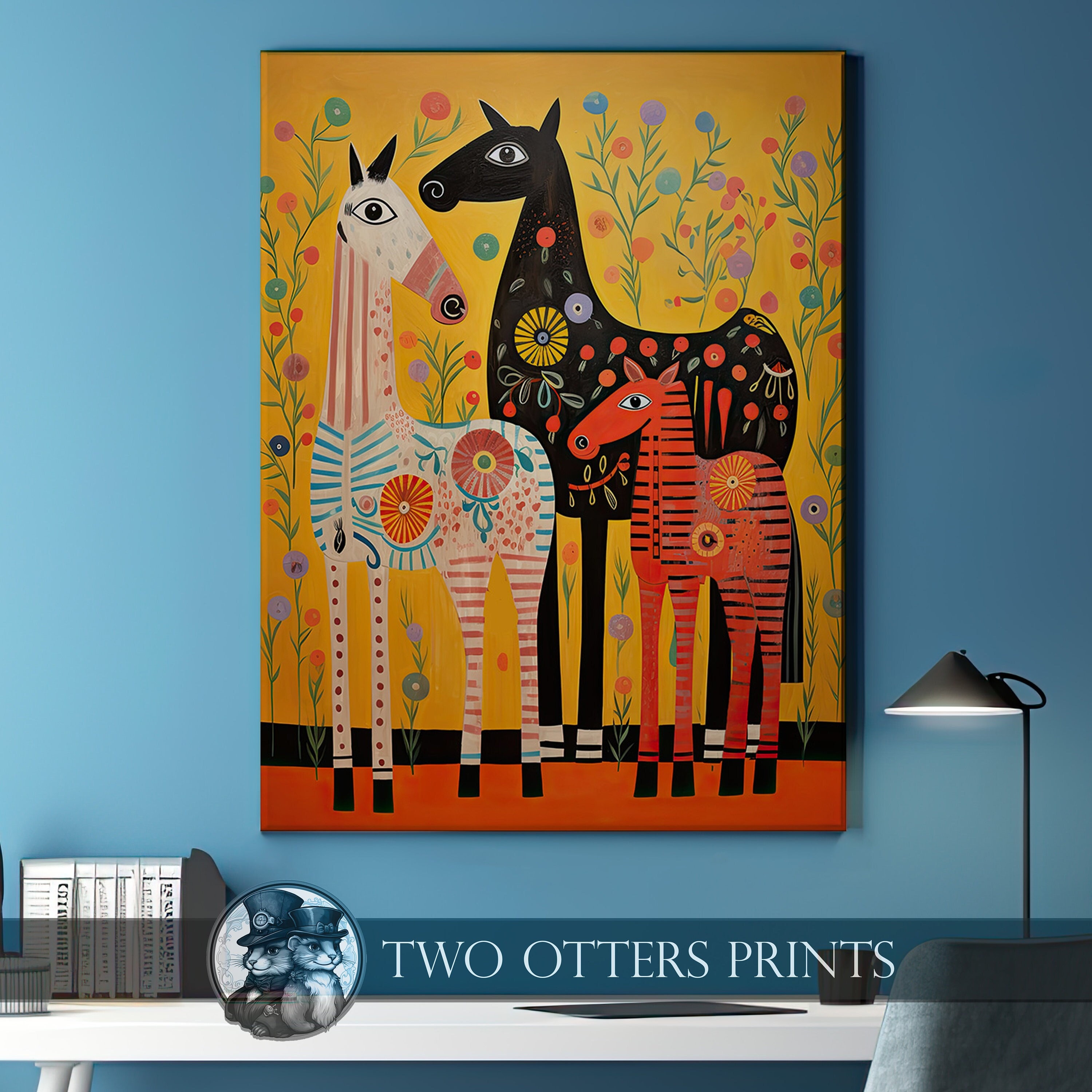 Horses Folk Art Print for Striking Home Decor Naive Style - Etsy