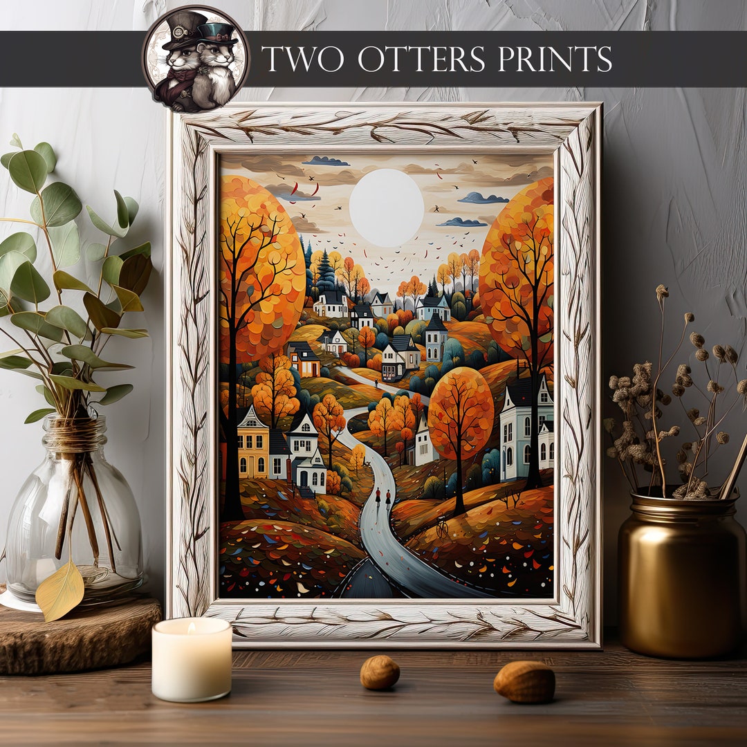 Folk Art Autumn Landscape Print | Americana Fall Leaves Wall Art - Etsy