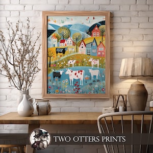 Small Town Folk Art Print With Cows and Houses - Etsy