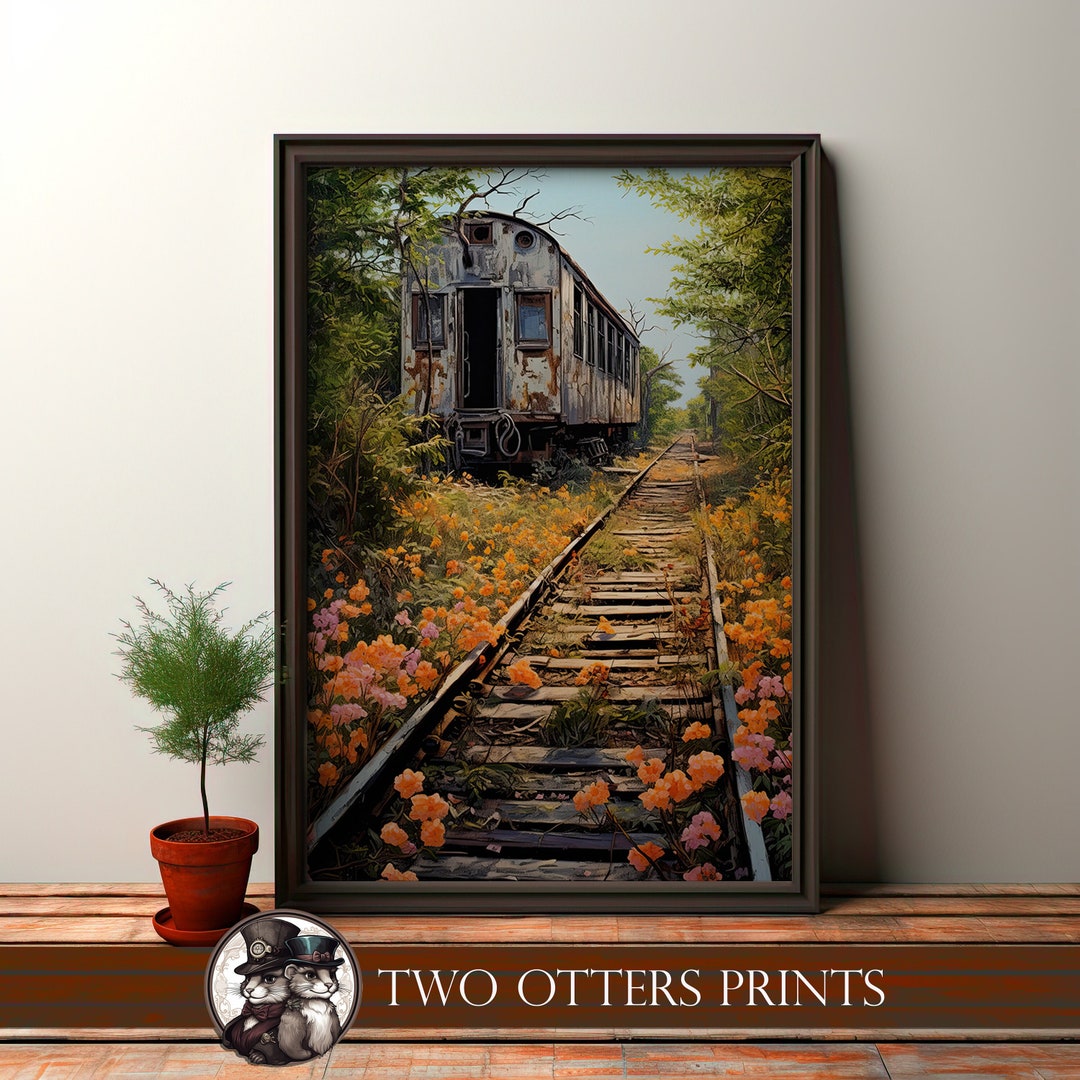 Blooming Rails: Vibrant Watercolor of Abandoned Railway Art Poster - Etsy