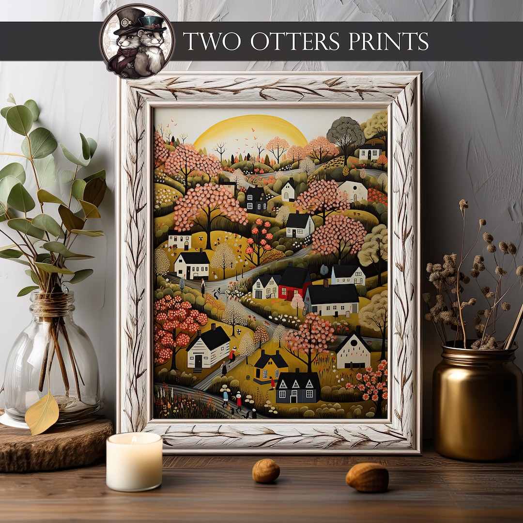 Folk Art Spring Village Landscape | Sunrise on a Hill Art Poster - Etsy