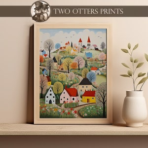 Colorful Spring Trees Hillside Village Art Poster | Americana Folk Art ...