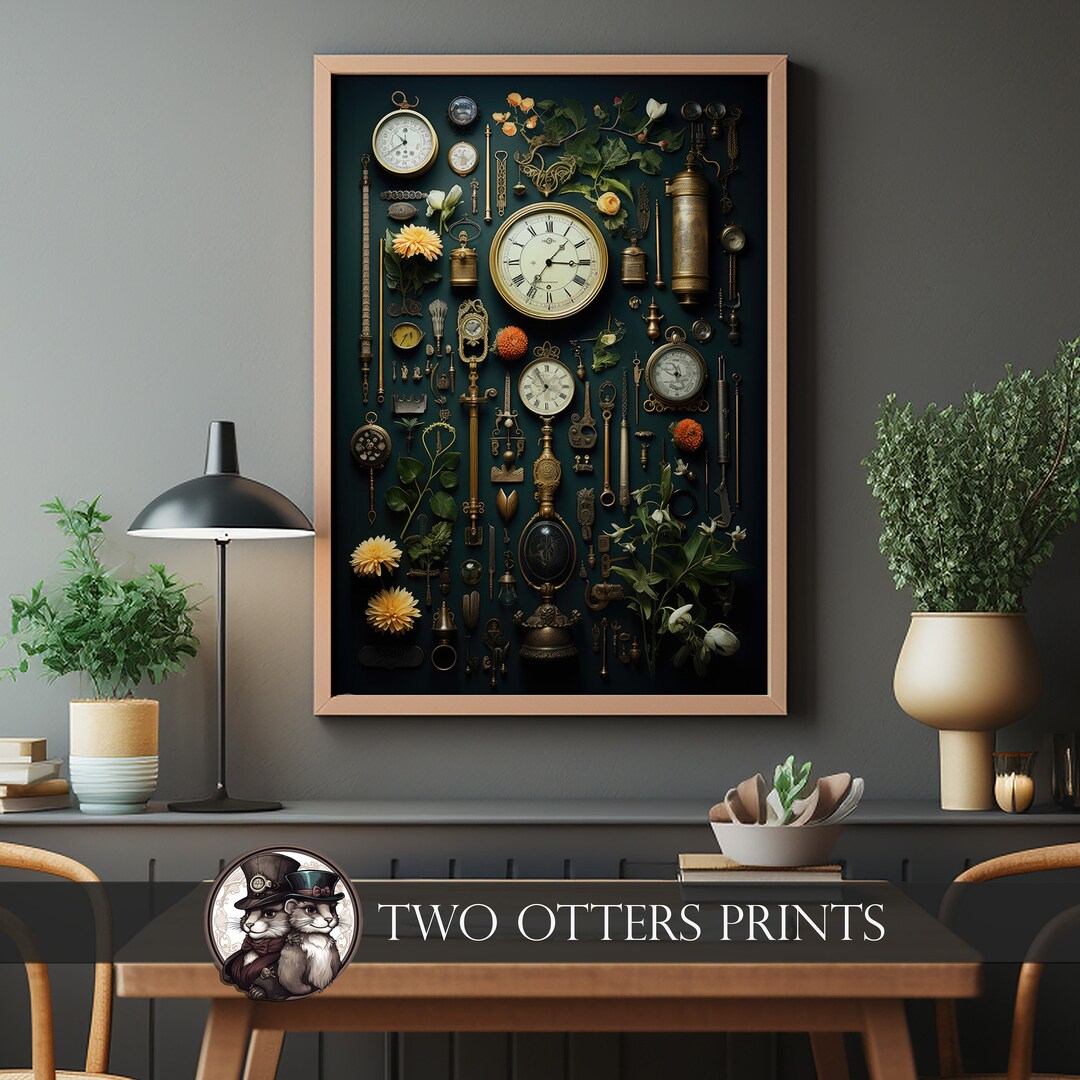 Alchemy Art Print - Flat Lay Aerial View of Vintage Clock, Flowers and ...