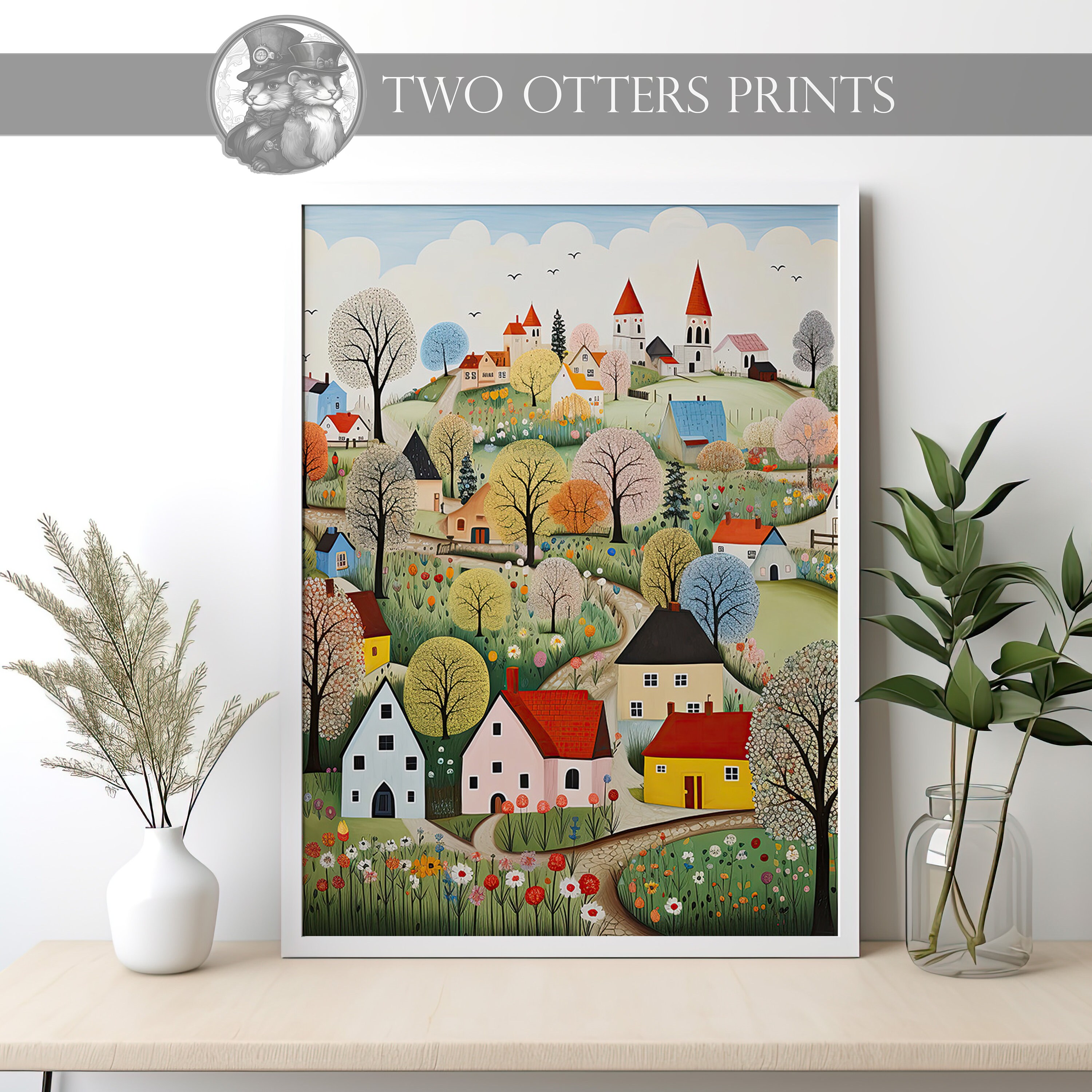 Colorful Spring Trees Hillside Village Art Poster Americana Folk Art ...