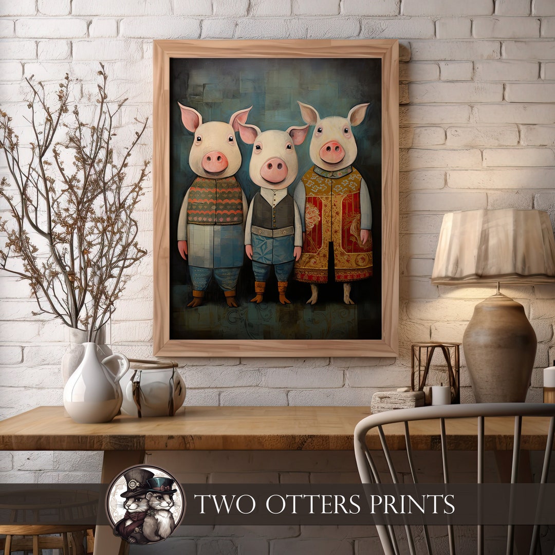 Pig Family Folk Art Print: Traditional and Whimsical Charm in Muted ...