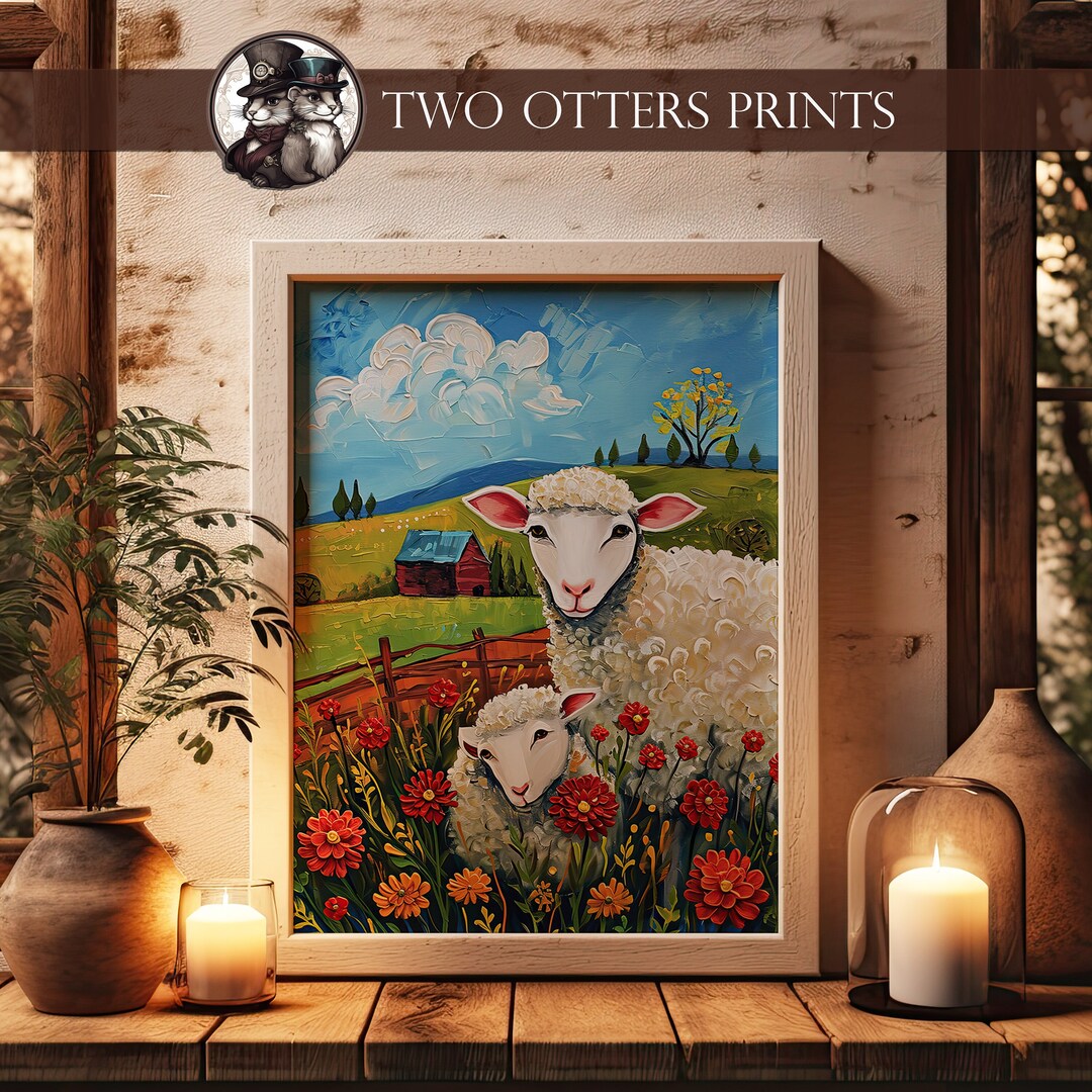 Spring Lamb Folk Art Print | Vivid Sheep Painting Ewe and Lamb ...