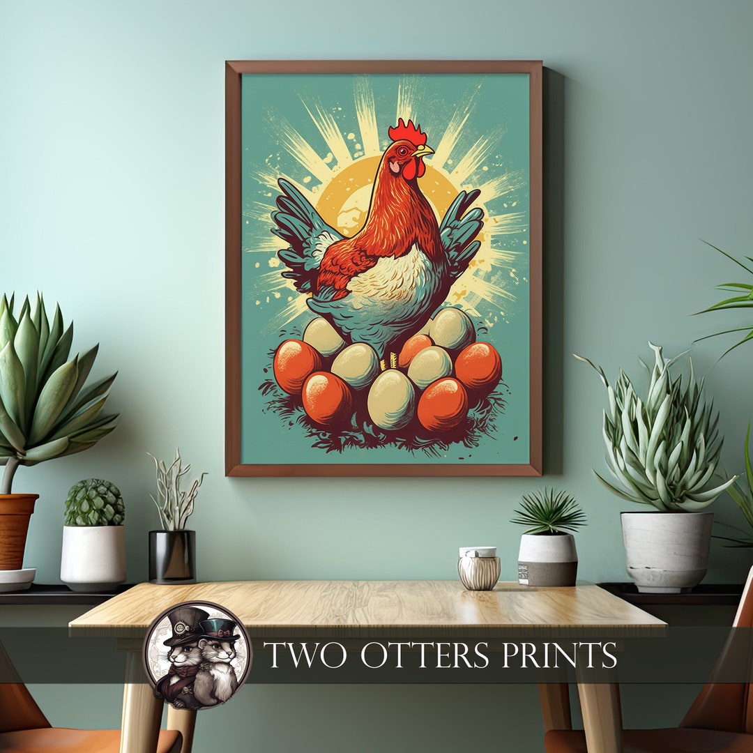 Retro Chicken With Eggs Art Print | Vintage Style Ad Poster - Etsy