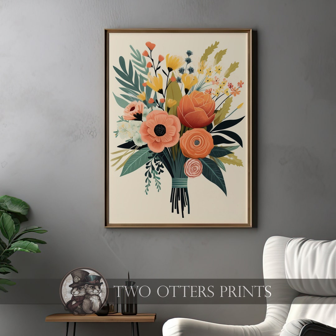 Retro Flower Art Print | Colorful Vintage-style Bouquet Fine Art Poster ...
