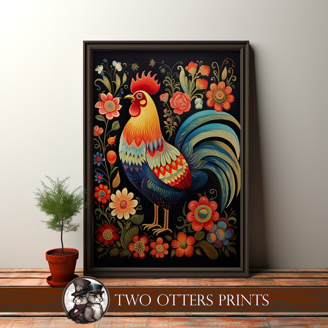 Rooster Folk Art Print | Vibrant Folk Art Painting | Charming Rustic ...