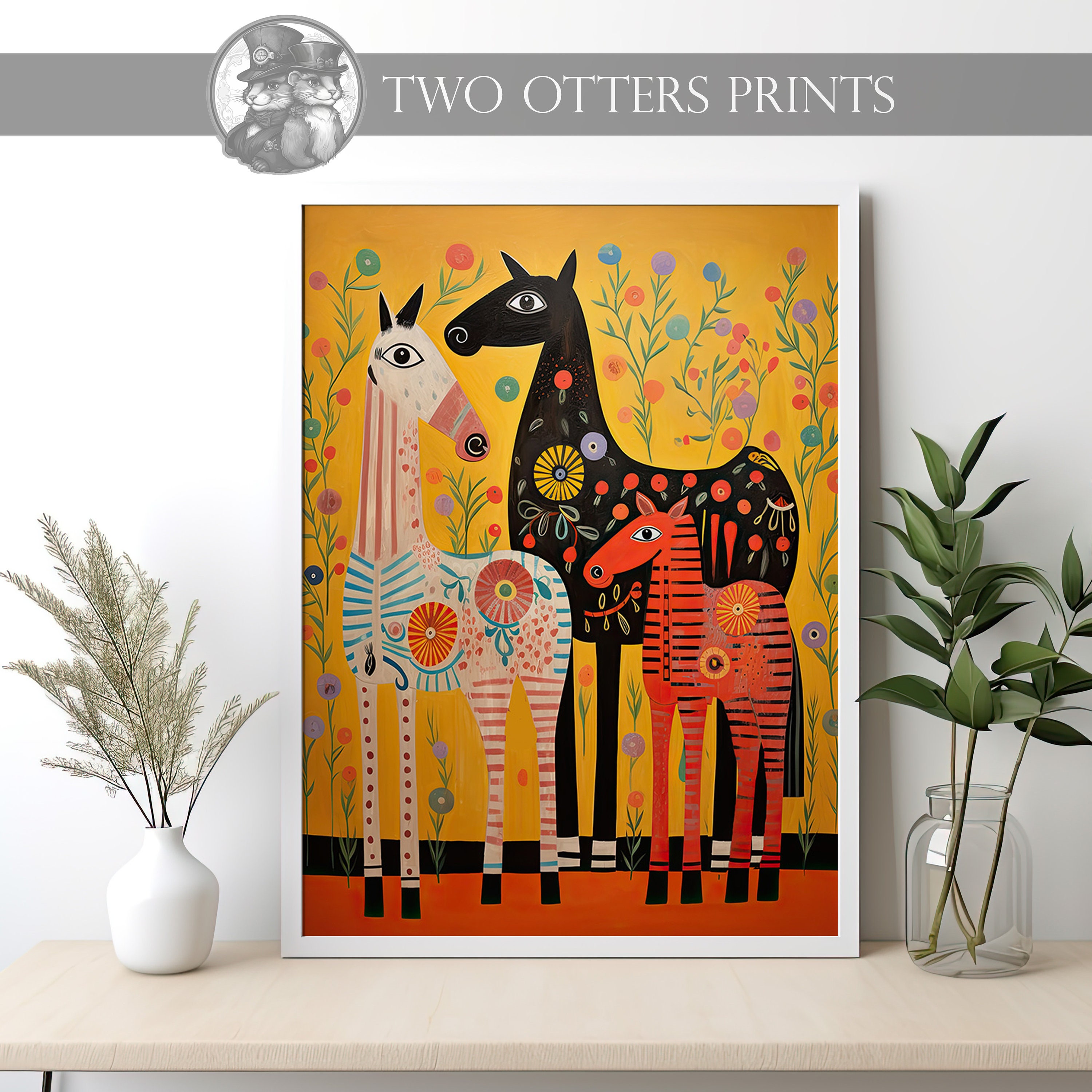 Horses Folk Art Print for Striking Home Decor Naive Style - Etsy