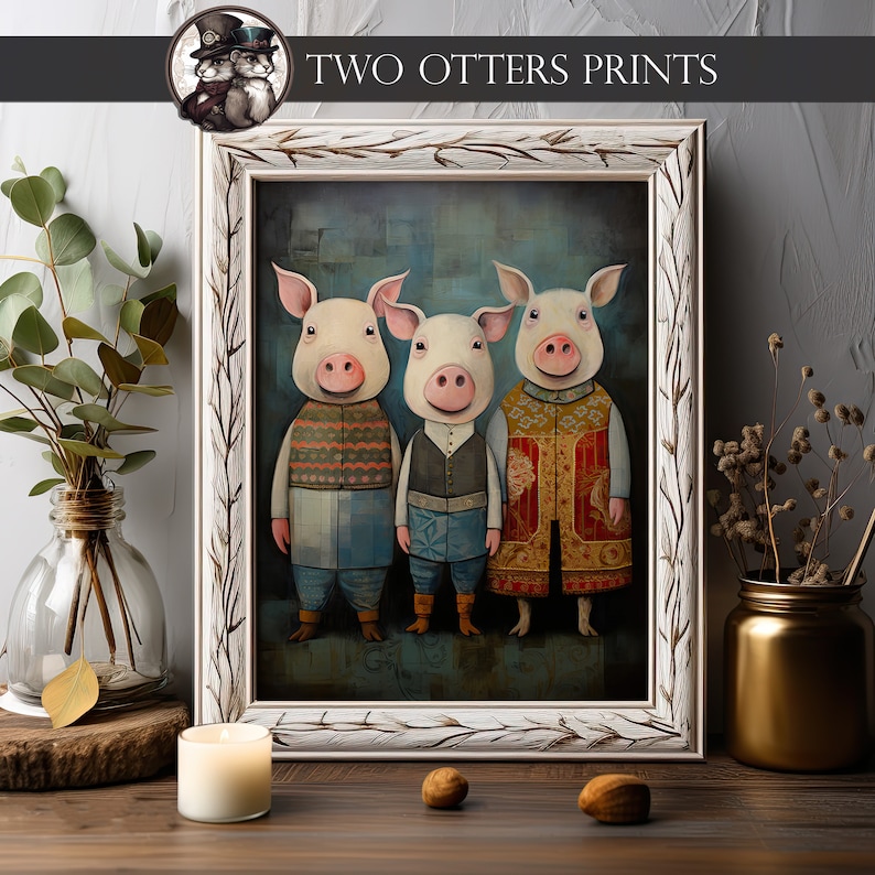 Pig Family Folk Art Print: Traditional and Whimsical Charm in Muted ...