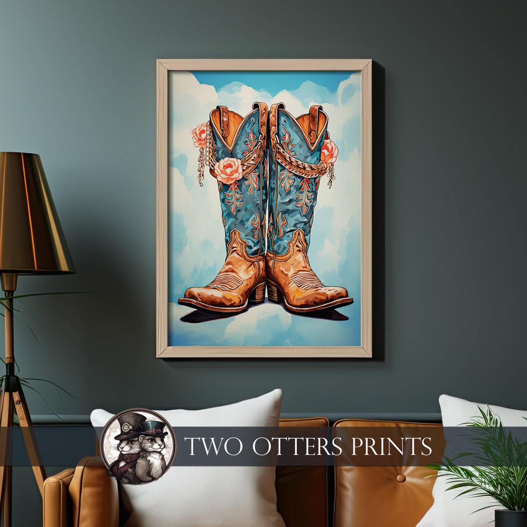 Trendy Coastal Cowgirl Art Print | Braided Floral Cowboy Boot Strap ...