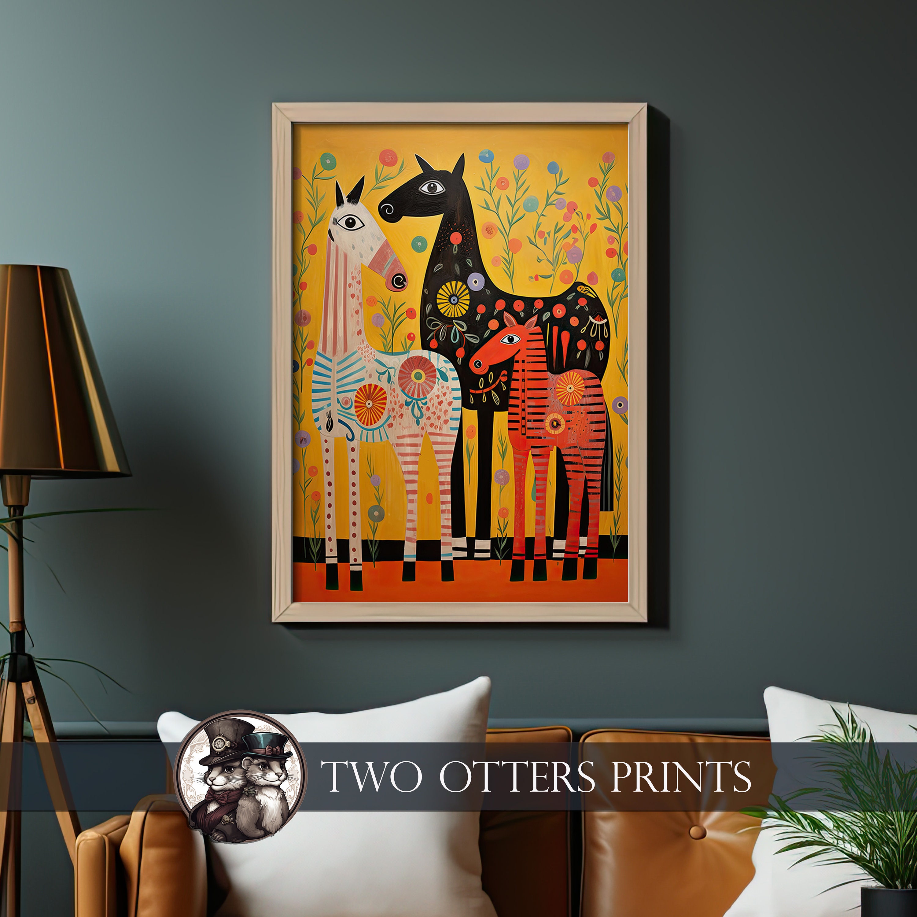 Horses Folk Art Print for Striking Home Decor Naive Style - Etsy