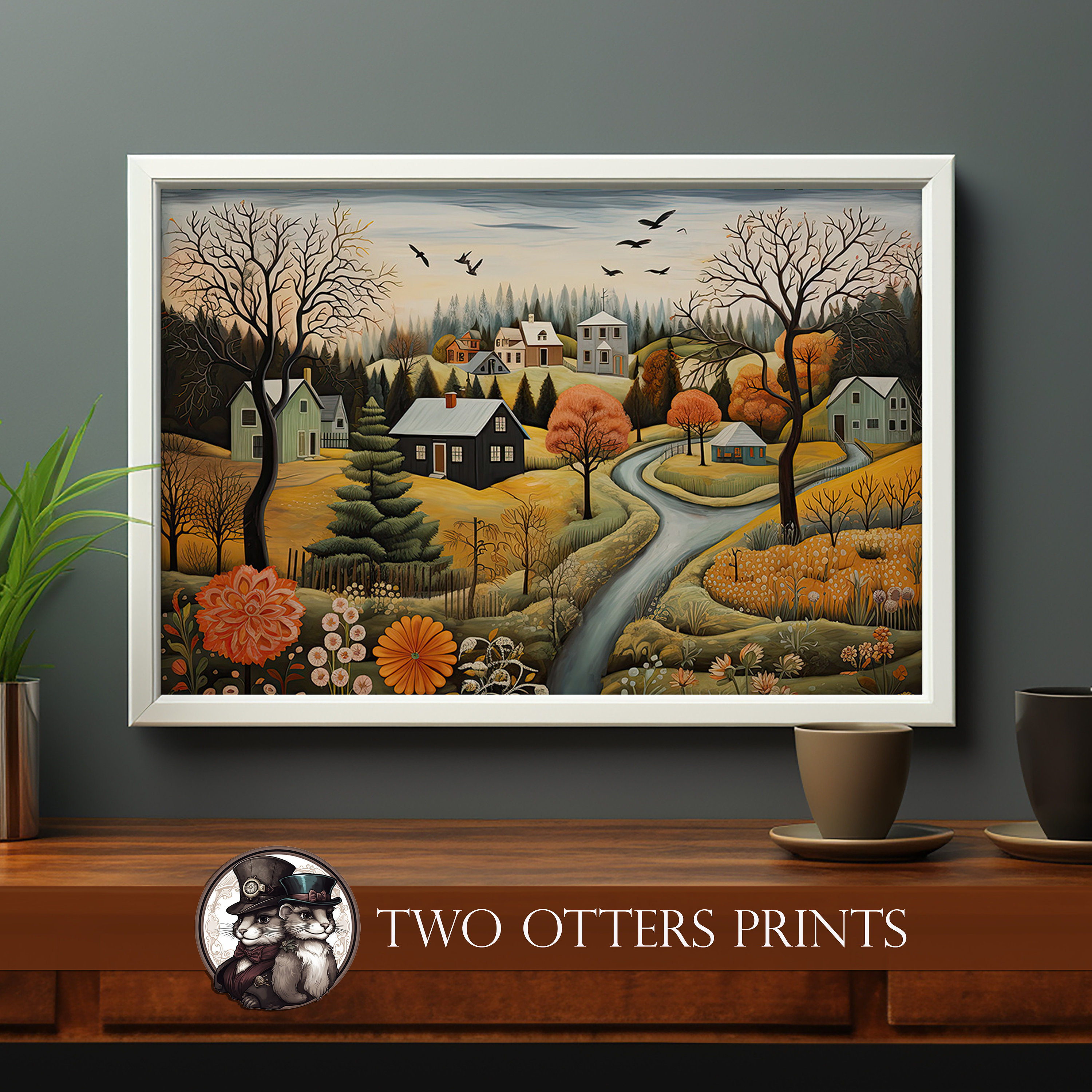 Autumn Village Art Print | Folk Art | Bare Trees and Pines | Fall ...