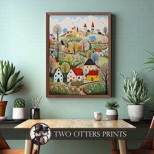 Colorful Spring Trees Hillside Village Art Poster | Americana Folk Art ...