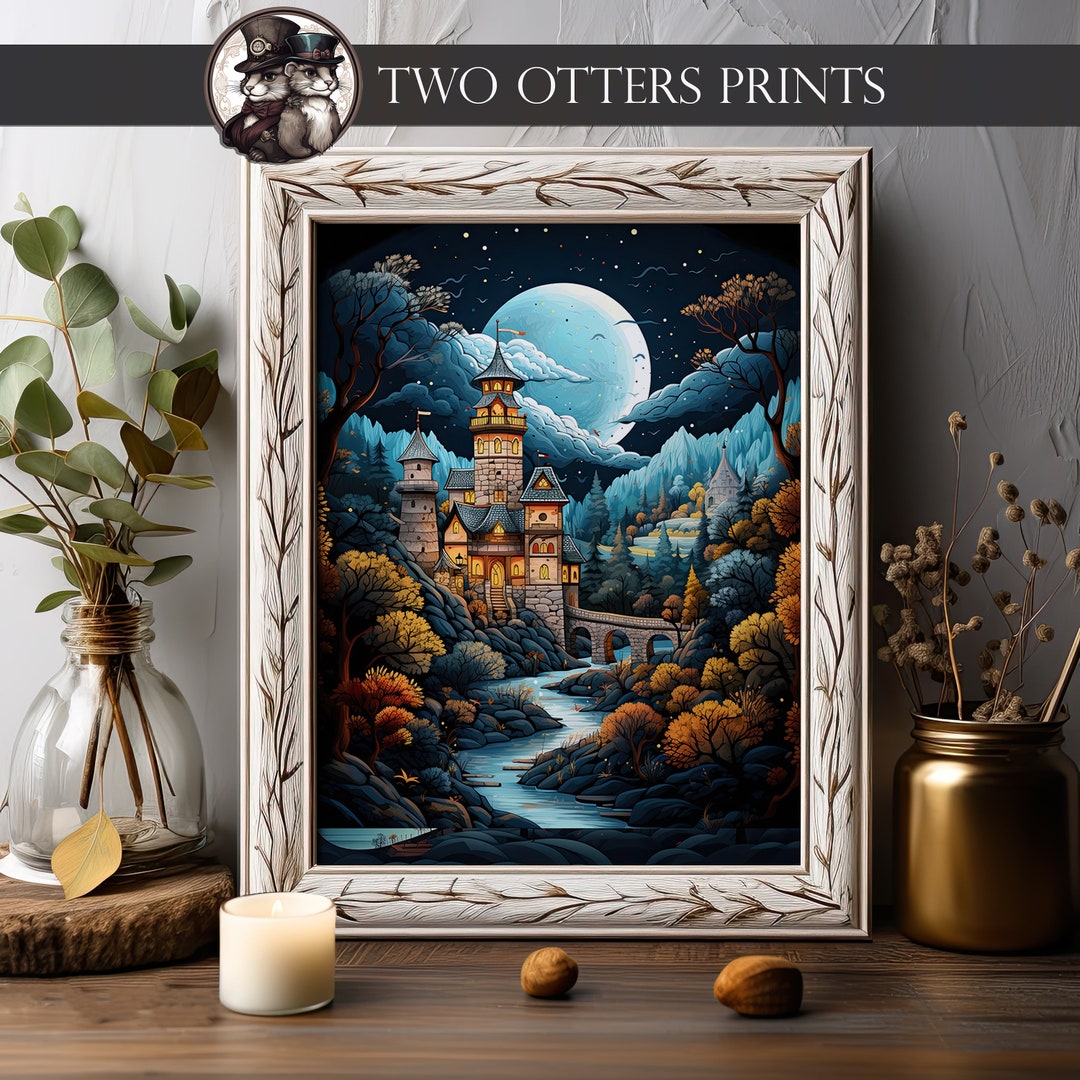 Moonlit Night Folk Art Illustration of Medieval Tavern and Forest ...