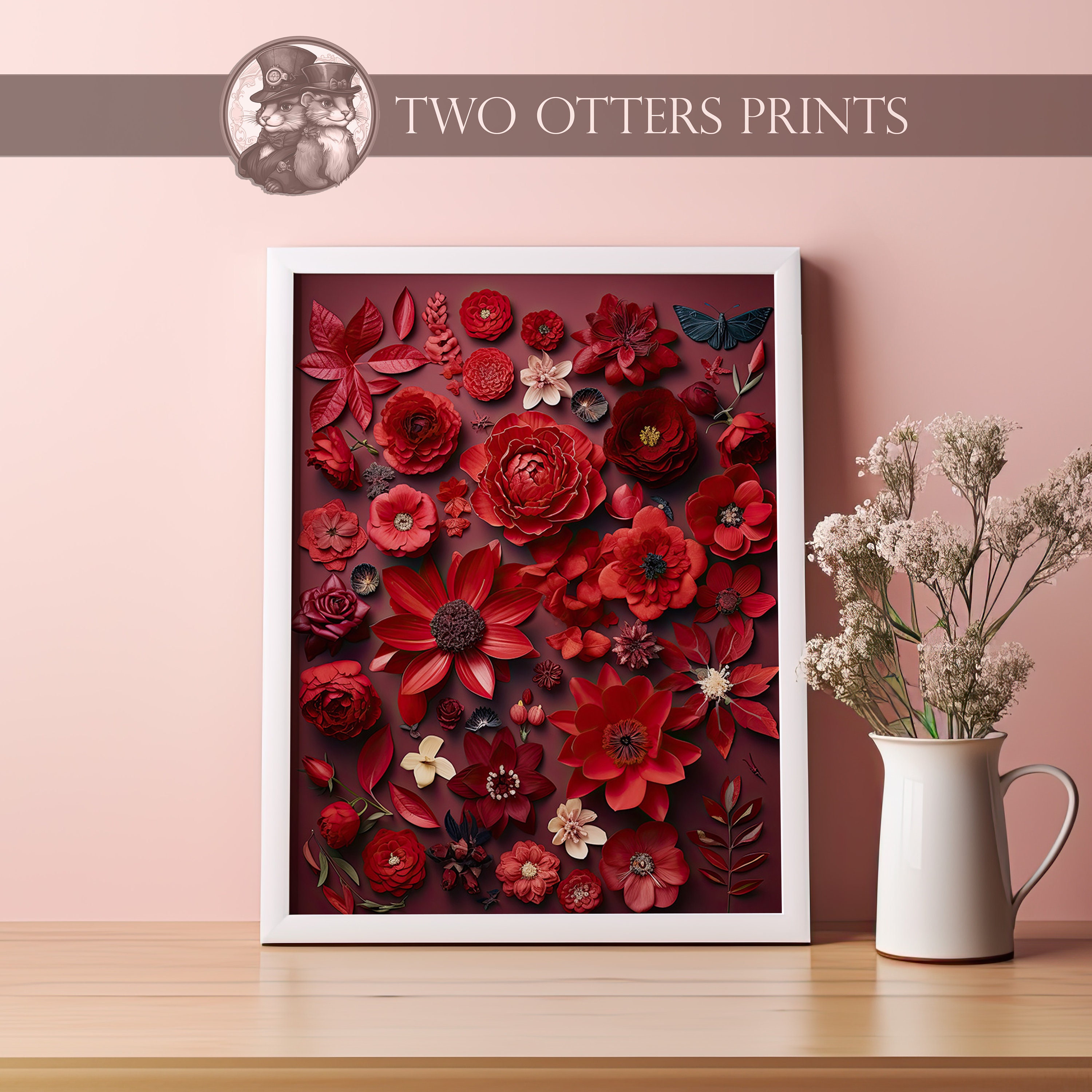 Red Flowers Art Print | Nature-inspired Floral Flat Lay - Etsy