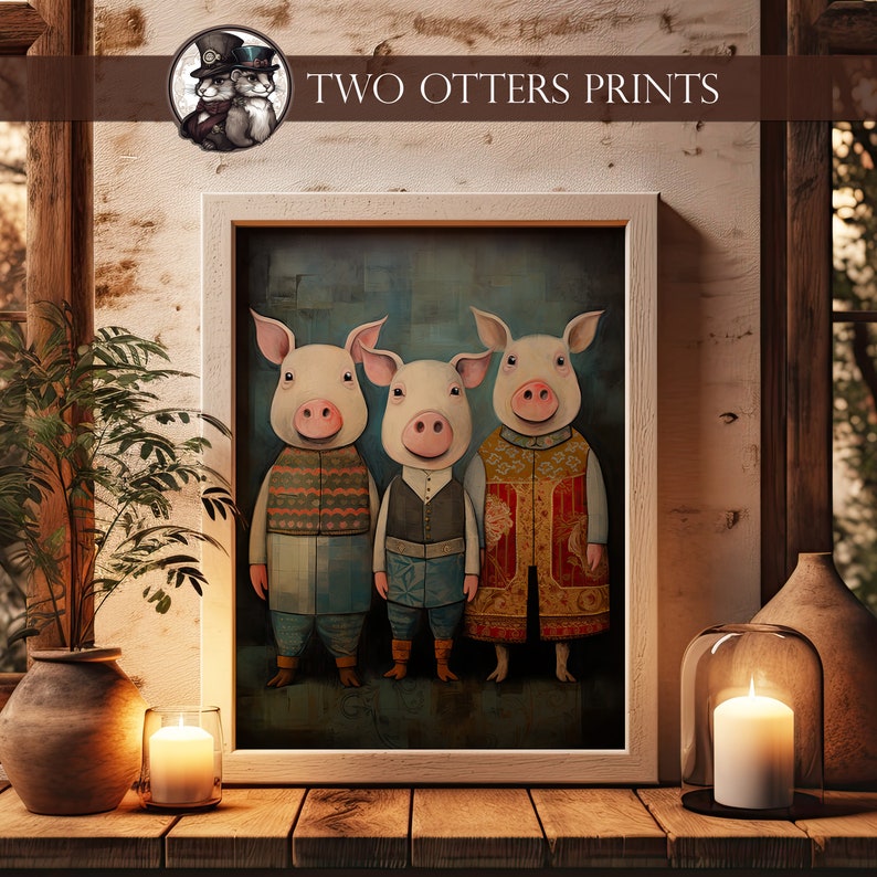 Pig Family Folk Art Print: Traditional and Whimsical Charm in Muted ...