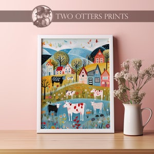 Small Town Folk Art Print With Cows and Houses - Etsy