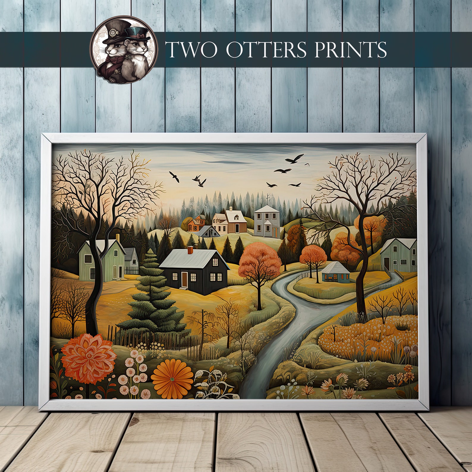 Autumn Village Art Print | Folk Art | Bare Trees and Pines | Fall ...