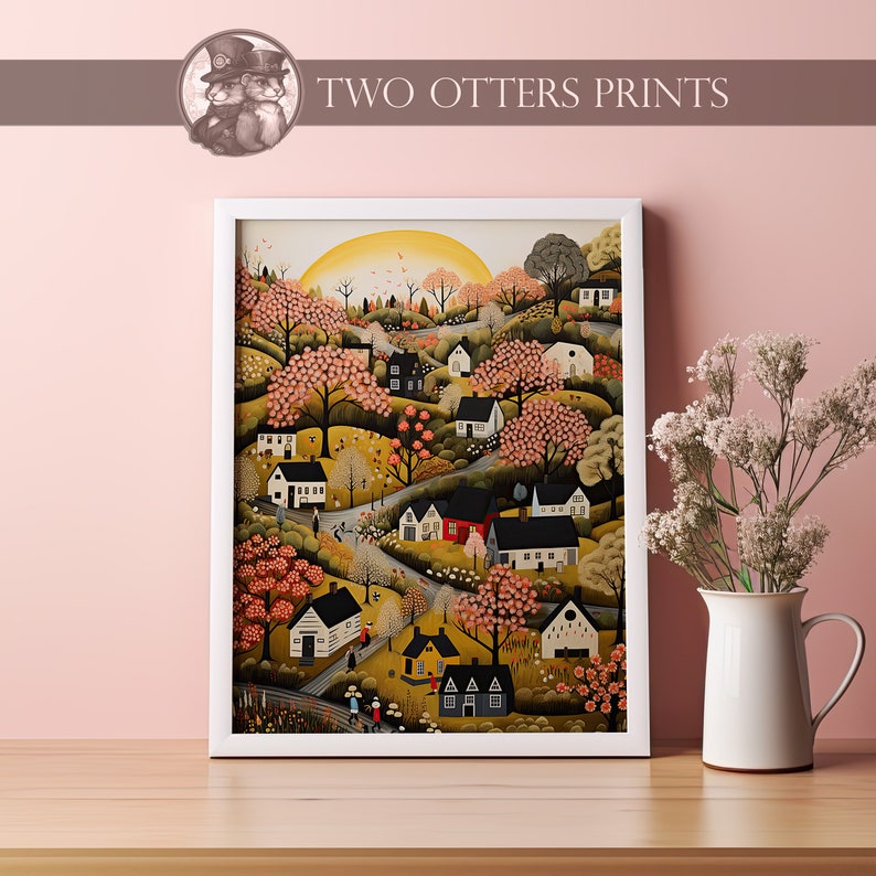 Folk Art Spring Village Landscape | Sunrise on a Hill Art Poster - Etsy ...