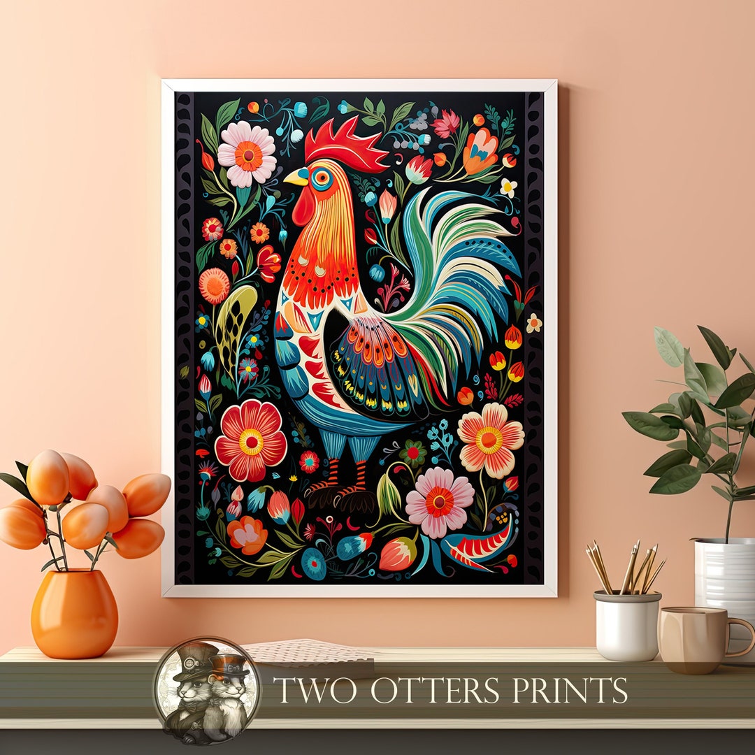 Colorful Rooster Print: Primitivism Fine Art Poster | Barnyard and ...