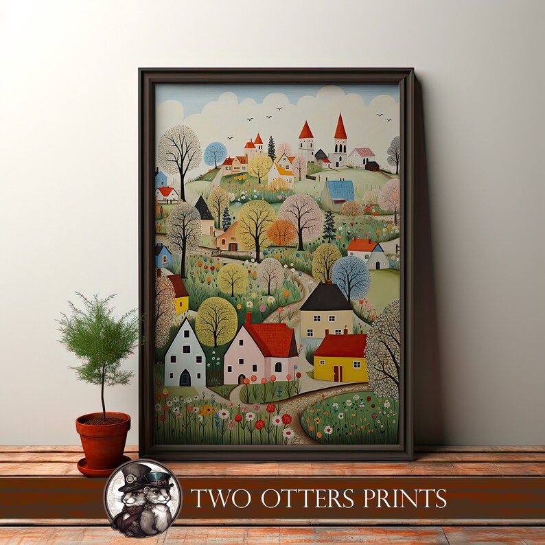 Colorful Spring Trees Hillside Village Art Poster | Americana Folk Art ...
