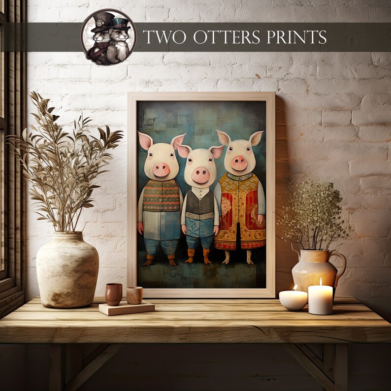 Pig Family Folk Art Print: Traditional and Whimsical Charm in Muted ...