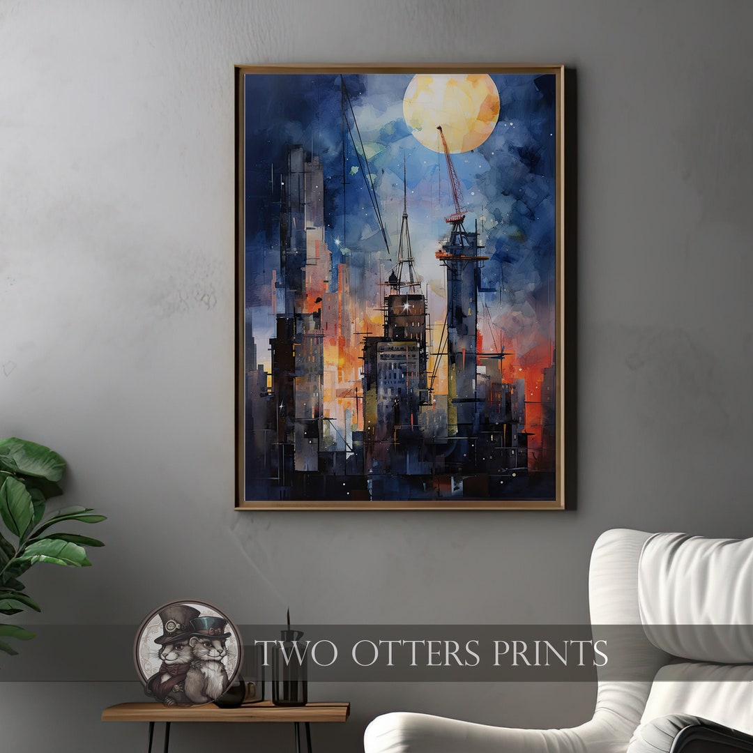 Moonlit Cityscape Watercolor Art Print | Urban Industrialism Fine Art ...