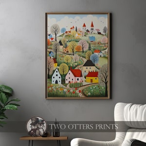 Colorful Spring Trees Hillside Village Art Poster | Americana Folk Art ...