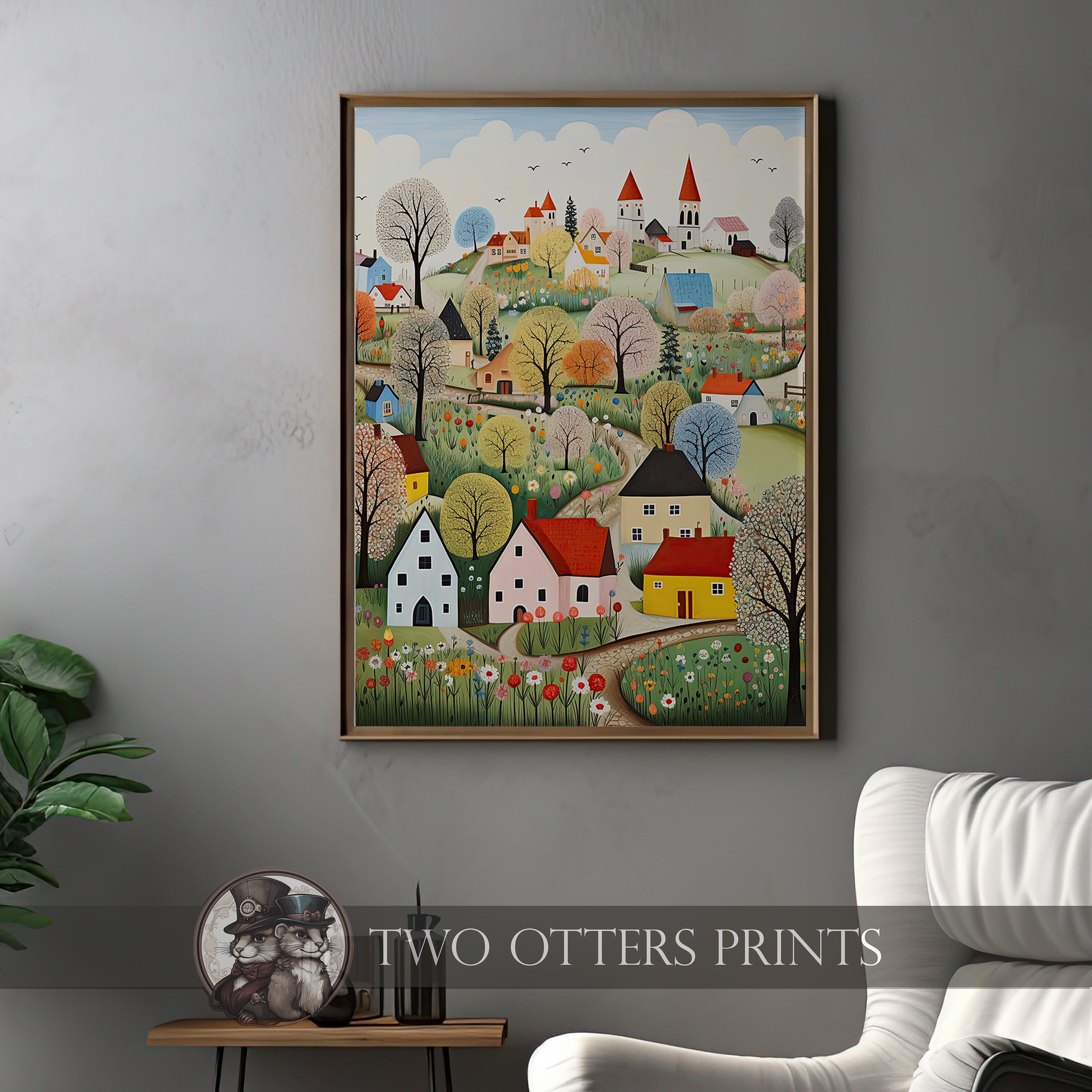 Colorful Spring Trees Hillside Village Art Poster | Americana Folk Art ...