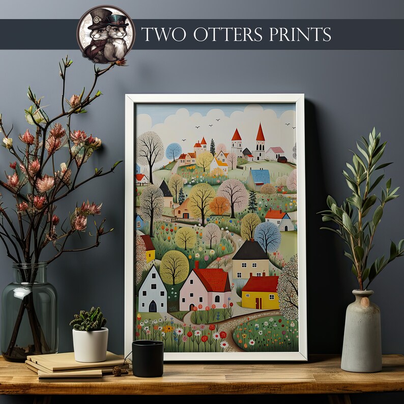Colorful Spring Trees Hillside Village Art Poster | Americana Folk Art ...