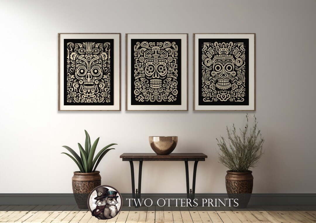 Mayan Mask Art Print Set | Set of Three Prints | Geometric Mask ...