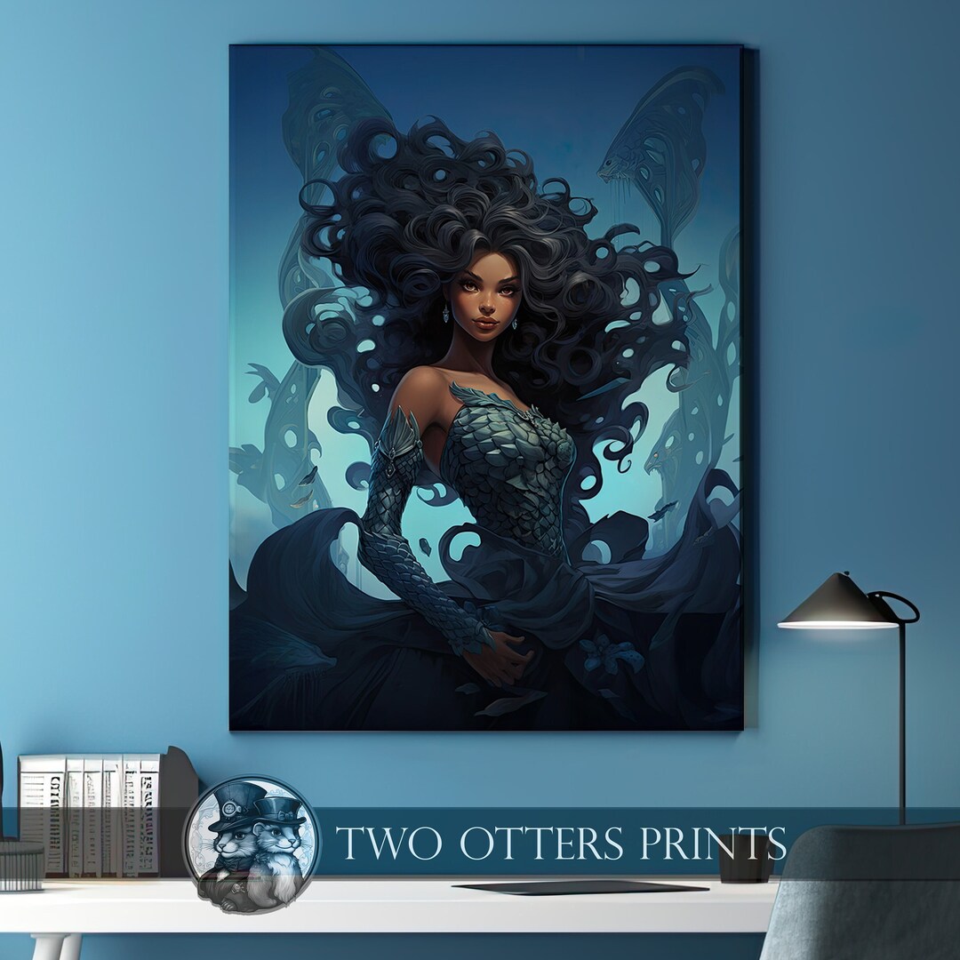 Black Mermaid Art Print | Futuristic Underwater Fantasy Portrait - Etsy