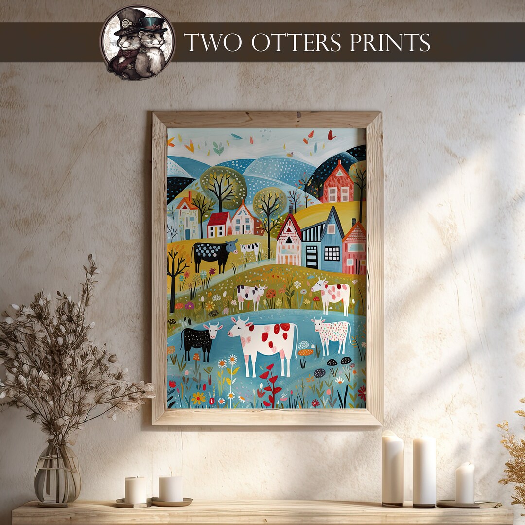 Small Town Folk Art Print With Cows and Houses - Etsy