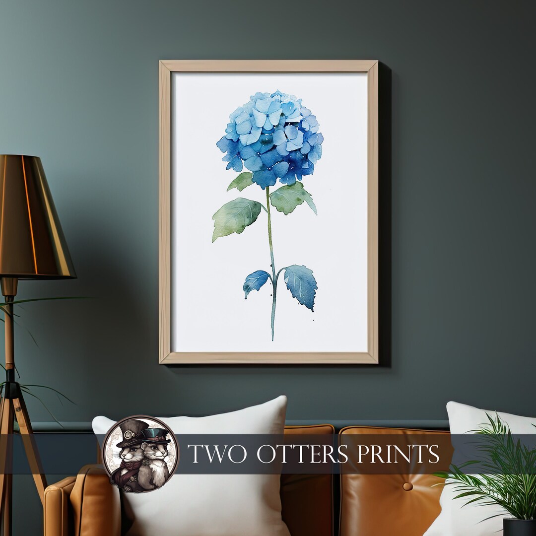 Minimalist Blue Hydrangea Art Print | Watercolor Illustration | Soft ...