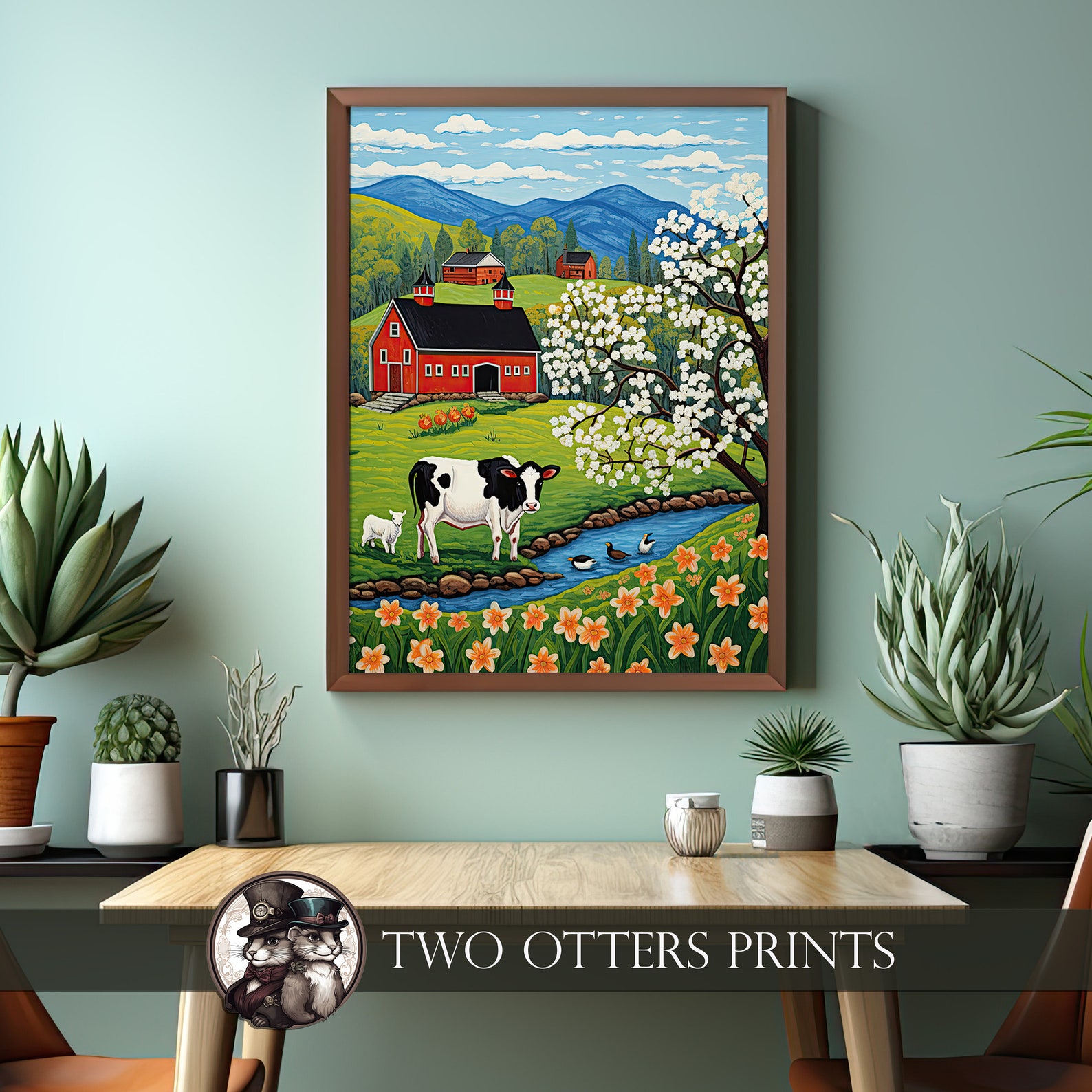 Charming Folk Art Cow Barn Art Print Barnyard Farmyard Animals Folk Art ...