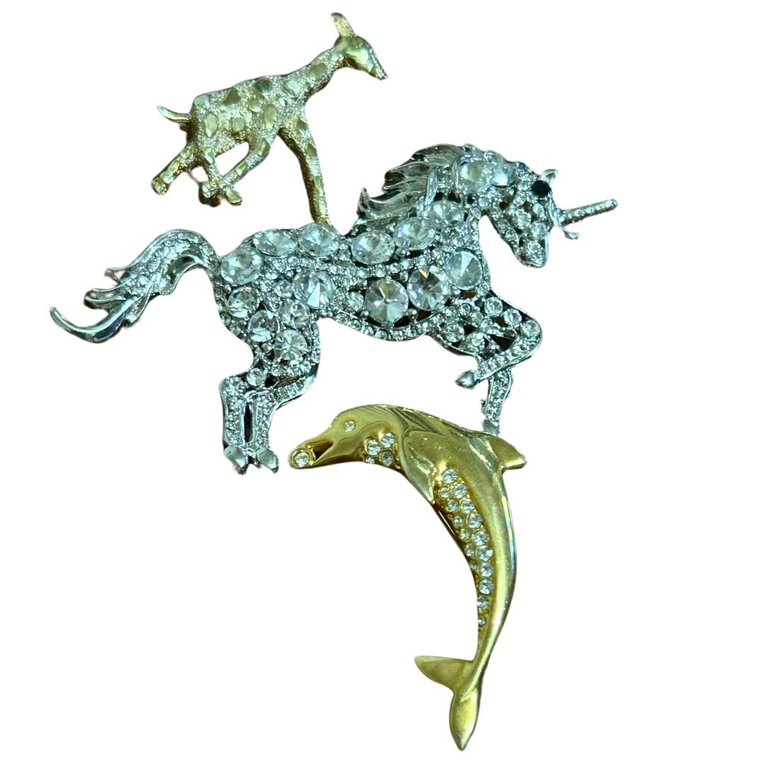 Vintage Animal Brooches Set of 3, Bedazzled Unicorn Pin, Gold Dolphin ...