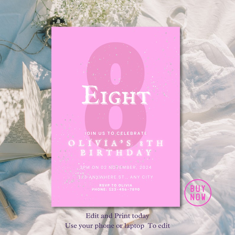 Editable 8th Pink Birthday Invitation - Etsy