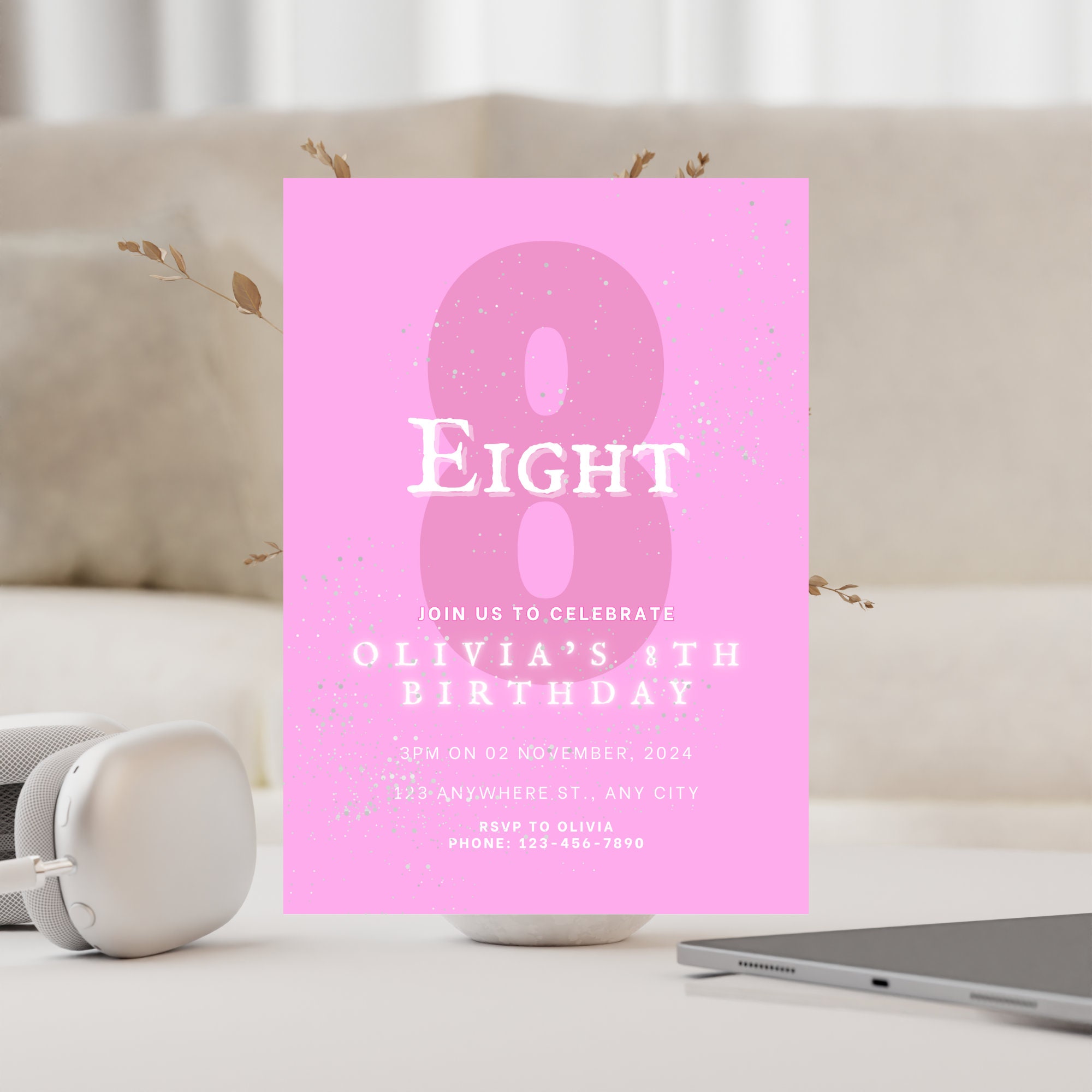 Editable 8th Pink Birthday Invitation - Etsy