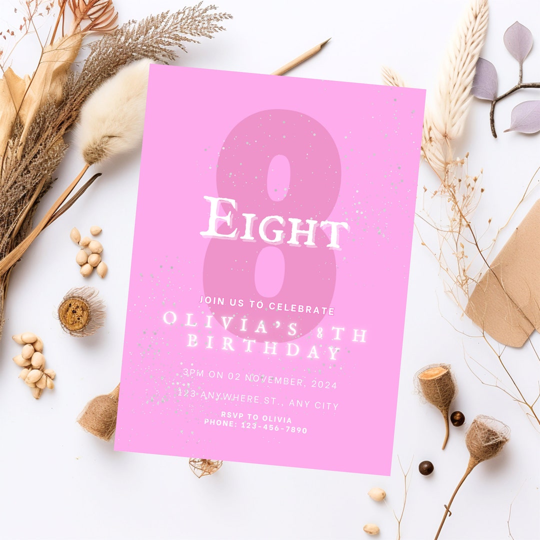 Editable 8th Pink Birthday Invitation - Etsy