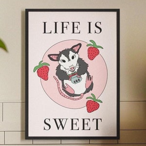 Cute Strawberry Opossum Print, Digital Download Wall Art, Pastel Pink ...