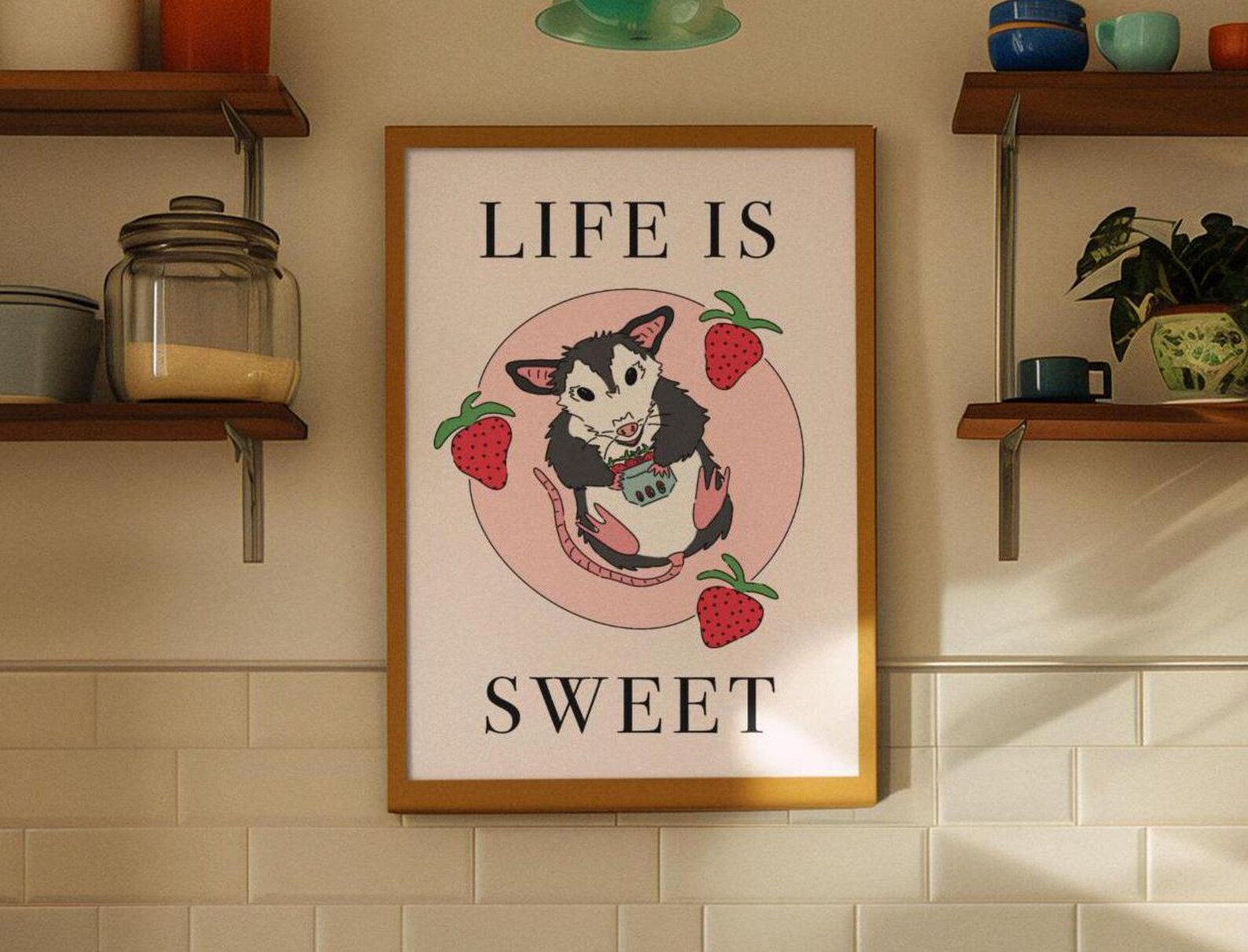 Cute Strawberry Opossum Print, Digital Download Wall Art, Pastel Pink ...