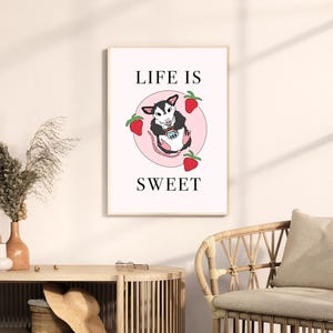 Cute Strawberry Opossum Print, Digital Download Wall Art, Pastel Pink ...