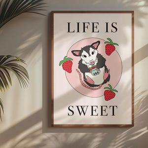 Cute Strawberry Opossum Print, Digital Download Wall Art, Pastel Pink ...