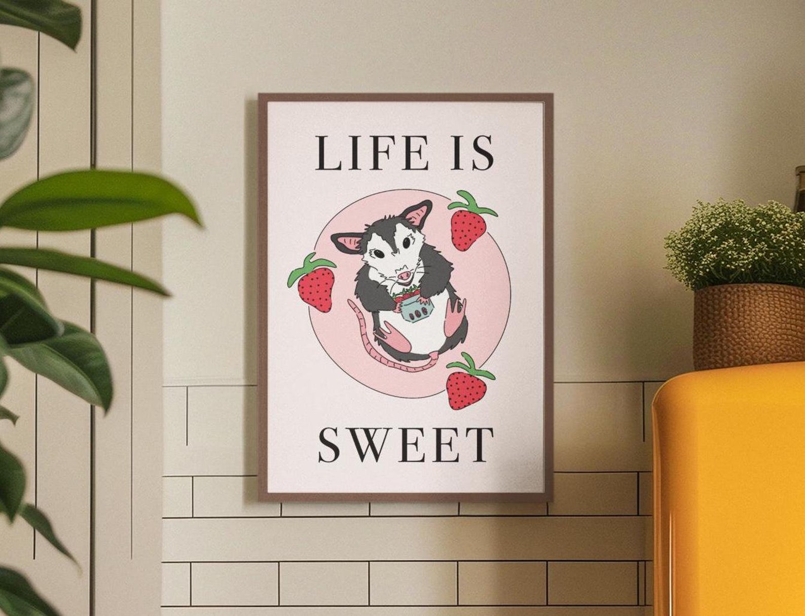 Cute Strawberry Opossum Print, Digital Download Wall Art, Pastel Pink ...