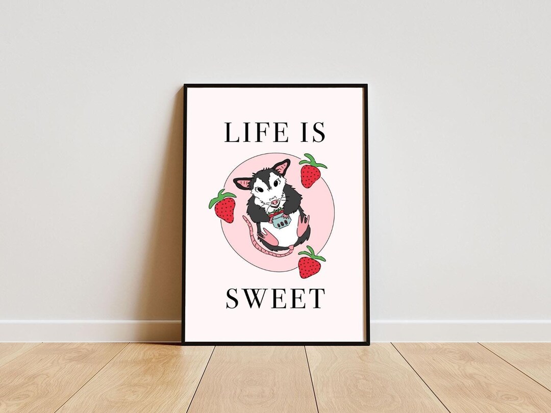 Cute Strawberry Opossum Print, Digital Download Wall Art, Pastel Pink ...