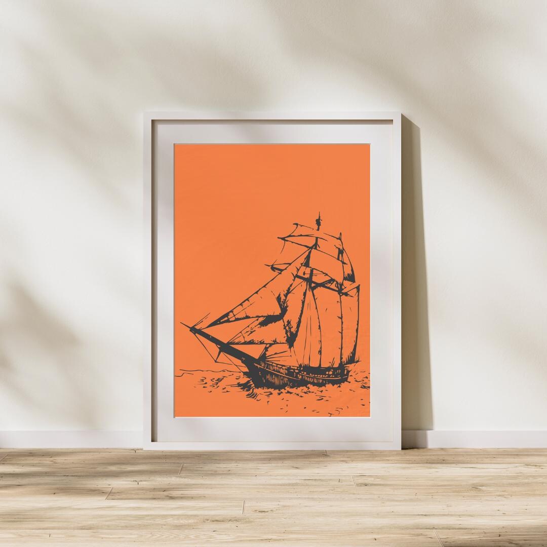 Orange Sailing Ship Wall Art Printable | Vintage Illustration ...