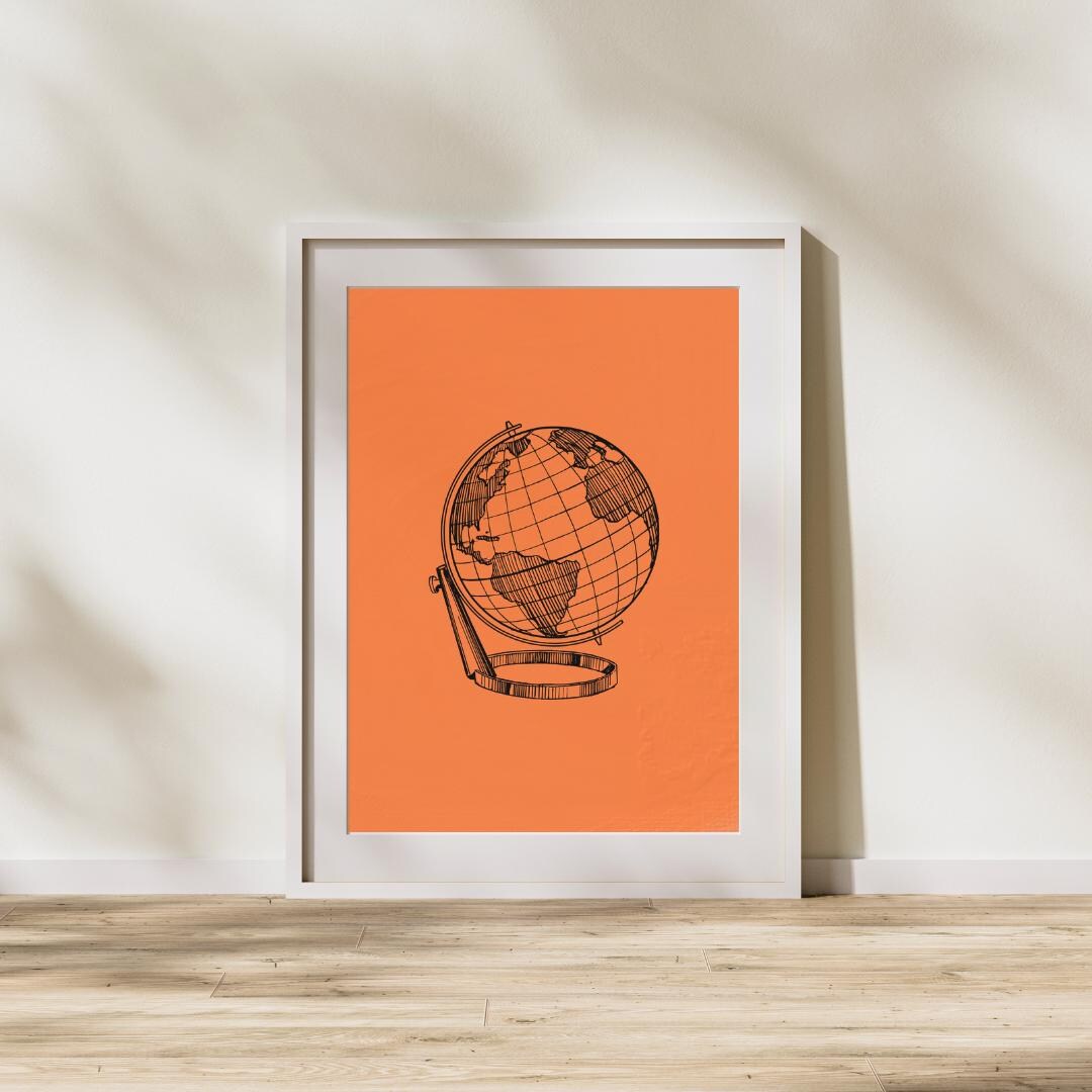 Orange World Globe Wall Art Printable | Vintage Globe Illustration ...