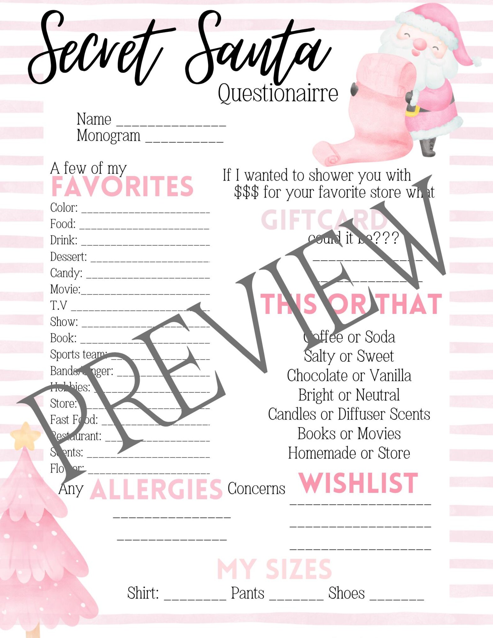 PINK Christmas Secret Santa Questionnaire/ Christmas Survey/ Gift ...